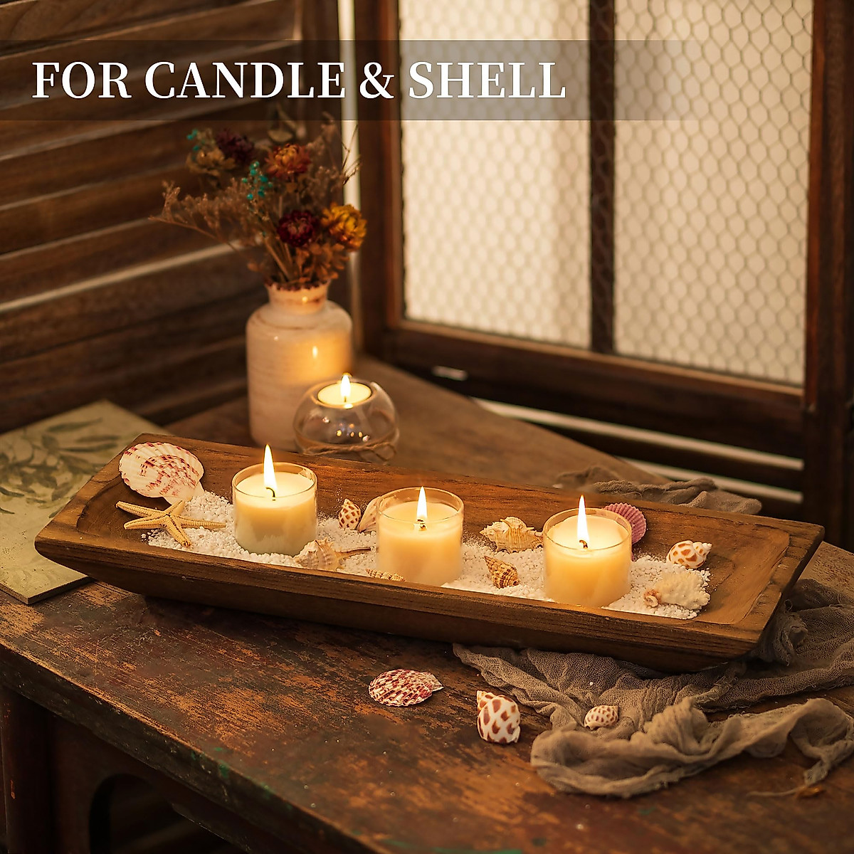 Hanobe Decorative Wood Dough Bowl: Large Long Wooden Centerpiece Table Decorations Natural Candle Holder Tray Decor Rustic Unfinished Centerpieces for Dining Room Kitchen Fruit Bowls, Brown