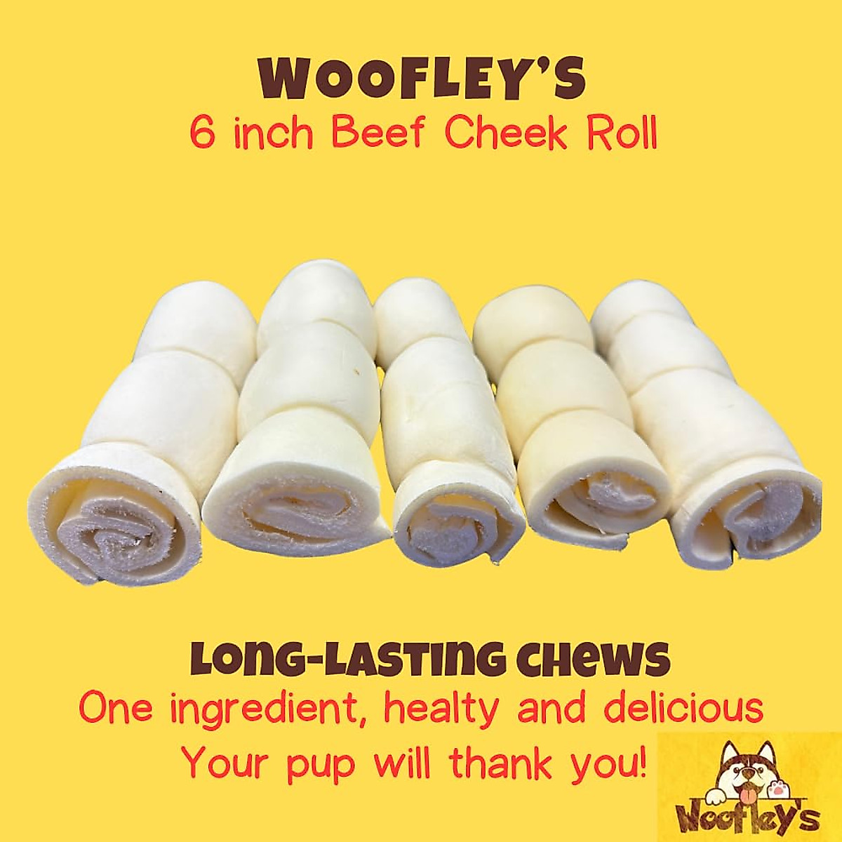Woofley's 5-6" Buffalo Beef Cheek Roll -(10 Count)- Beef Cheek Rolls for Dogs - Long Lasting Natural Dog Chews