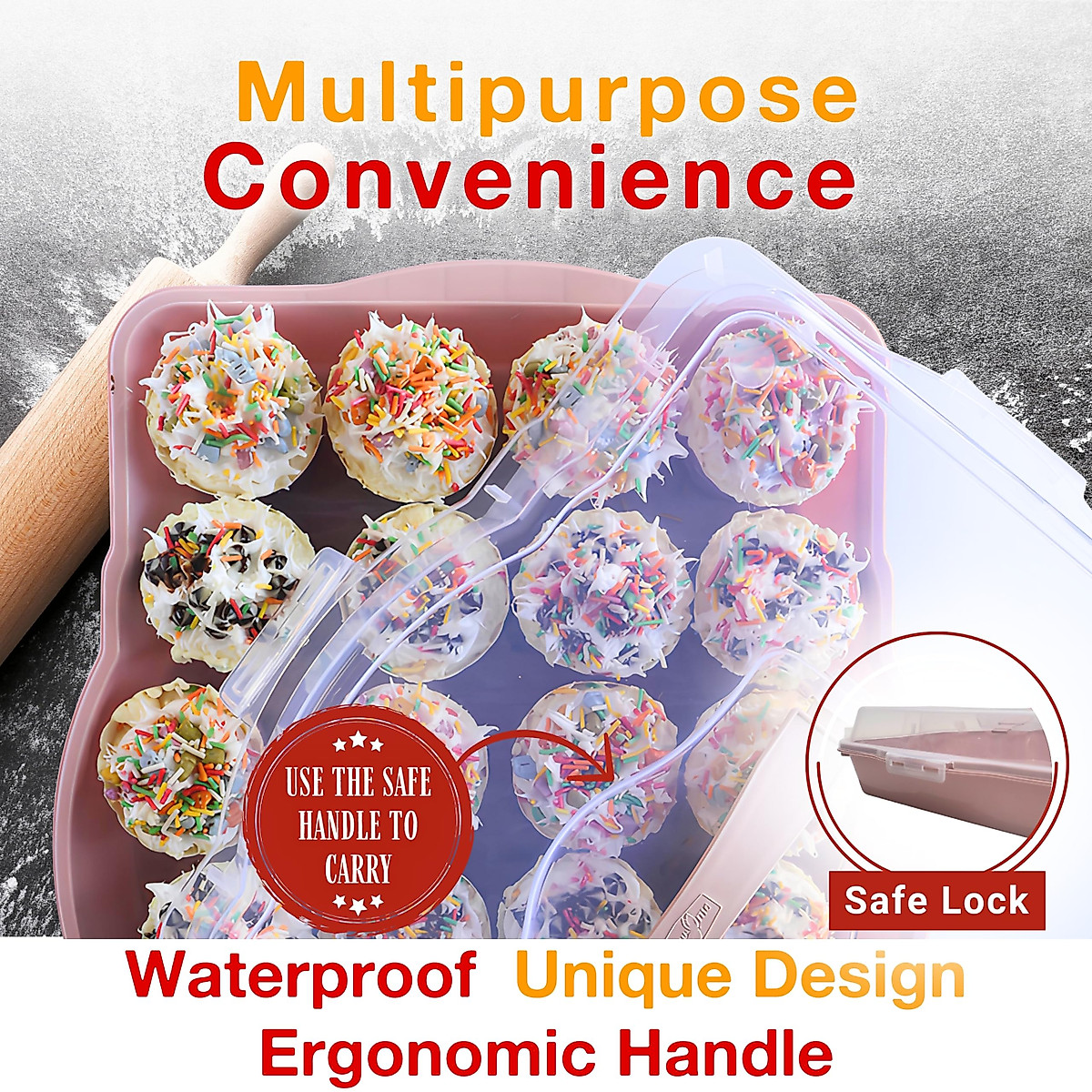 Cupcake Cake Muffin Tray Carrier, 4 in 1 Casserole Containers Holder with Lid, Pie Cupcake Carrier 24 Count, Travel Storage, Versatility Round Square Rectangular Oven Tray Carrying (Matte Pink)