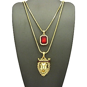 Gold Tone Micro Colorful Gemstone King Crown Lion Head Pendant 2mm 24", 30" Box Chain 2 Necklace Set (Gold + Red)