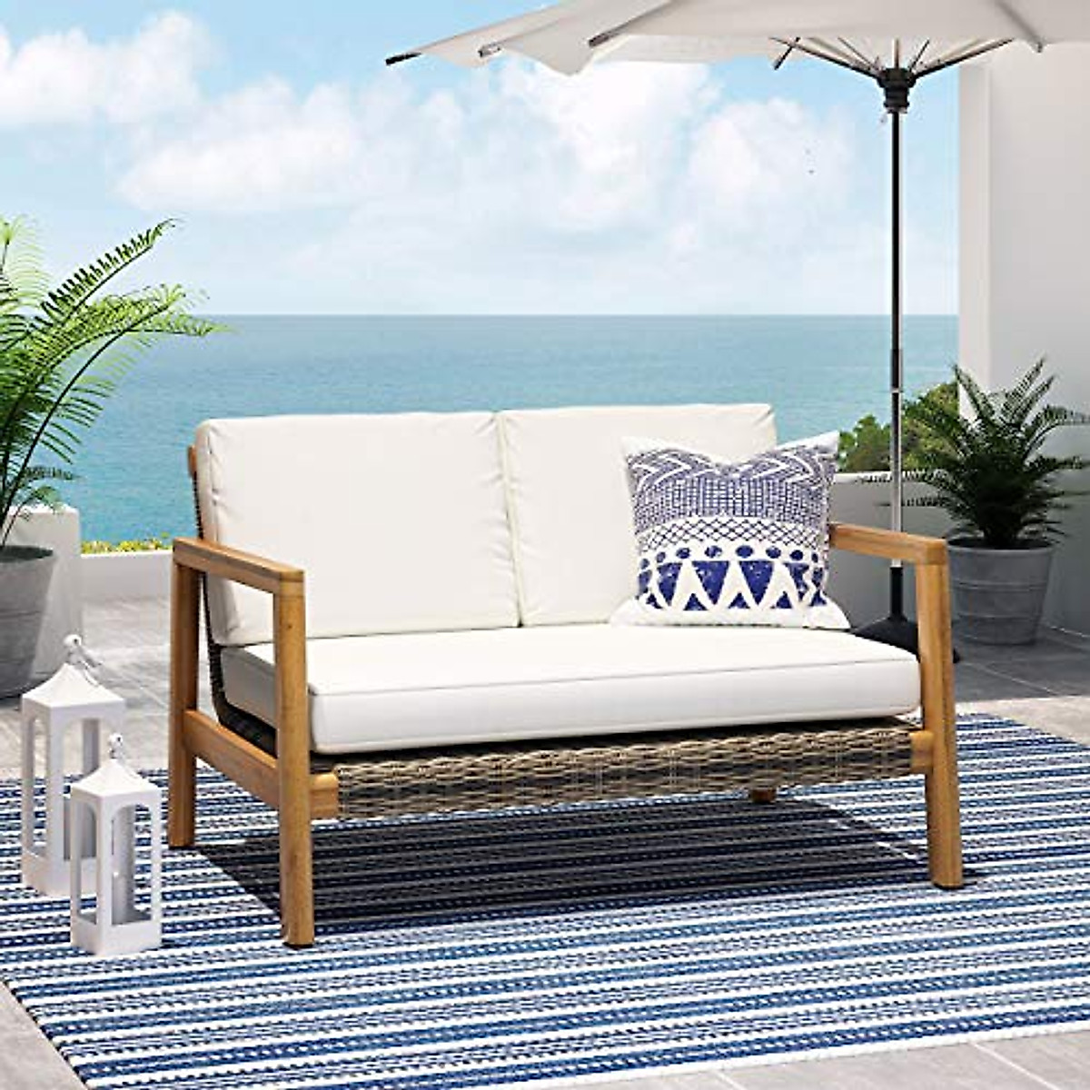 Christopher Knight Home Diana Outdoor Acacia Wood Loveseat with Wicker Accents, Teak Finish, Gray, Beige