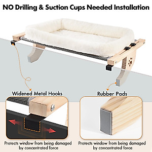 AMOSIJOY Cat Sill Window Perch Sturdy Hammock Seat with Cushion Bed Cover, Wood & Metal Frame for Large Cats, Easy to Adjust Windowsill, Bedside, Drawer and Cabinet(Cushion Bed)