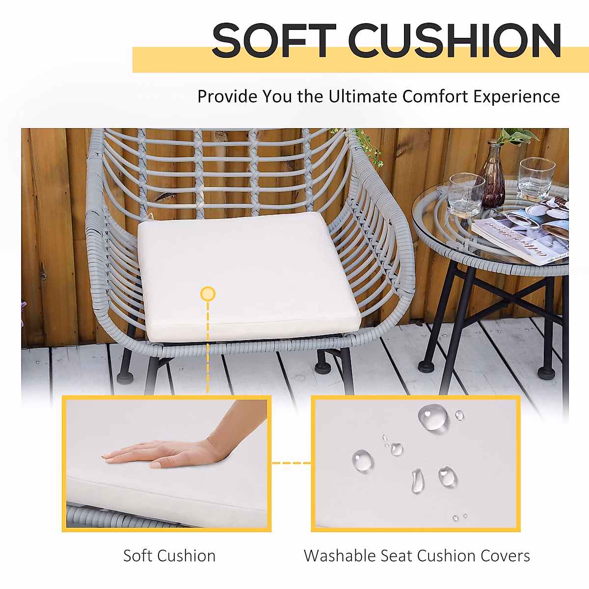 Outsunny 3 Piece Patio Set, Outdoor Bistro Furniture, PE Rattan Wicker Table and Chairs, Cushioned, Hand Woven, Modern Look with Tempered Glass for Garden, Porch, Pool, Backyard, Cream White