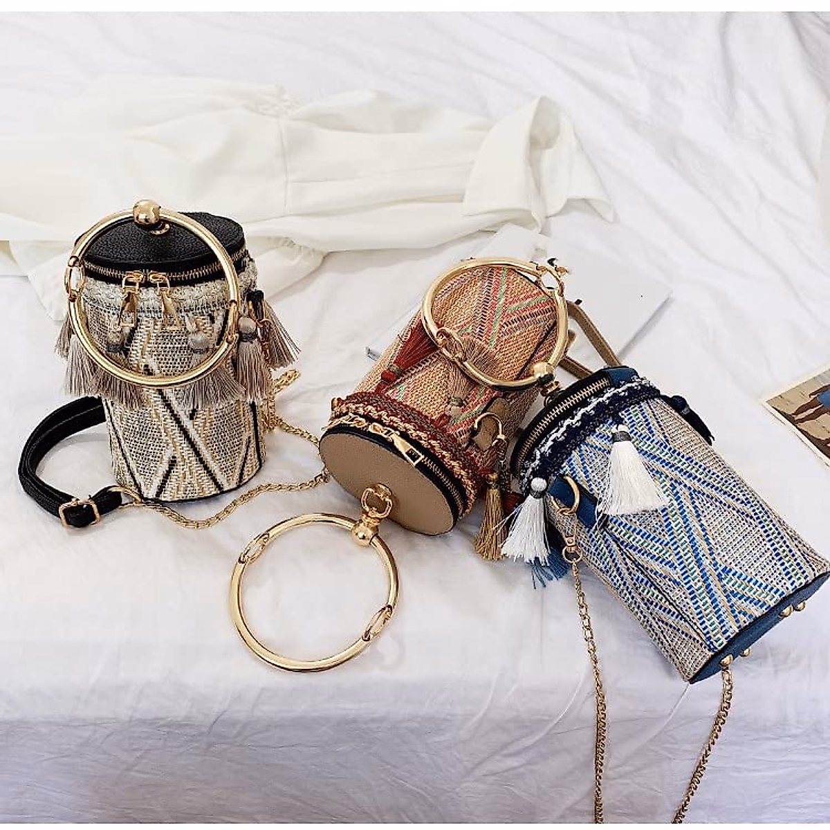 Anopo Womens Straw Shoulder Bag Embroidered Tassel Ethnic Travel Crossbody BOHO Purse Summer Beach Bohemian Handbag Tote for Girls Bucket Blue