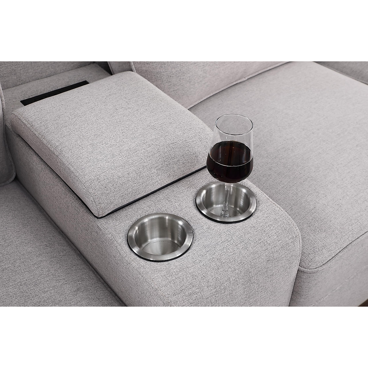 WOODRK Upholstered Sectional Sofa Set with Ottoman and Mobile Armless Chairs, Linen Couch with 2 Cup Holders, USB Ports and Storage Space, for Living Room, Apartment, Light Gray