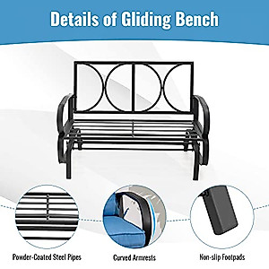 Tangkula 2-Person Outdoor Glider Bench, Swing Seat Bench with Seat & Back Cushions, Sturdy Rustproof Steel Frame, Smooth & Gentle Gliding Motion, Patio Rocking Loveseat for Backyard, Porch (Blue)
