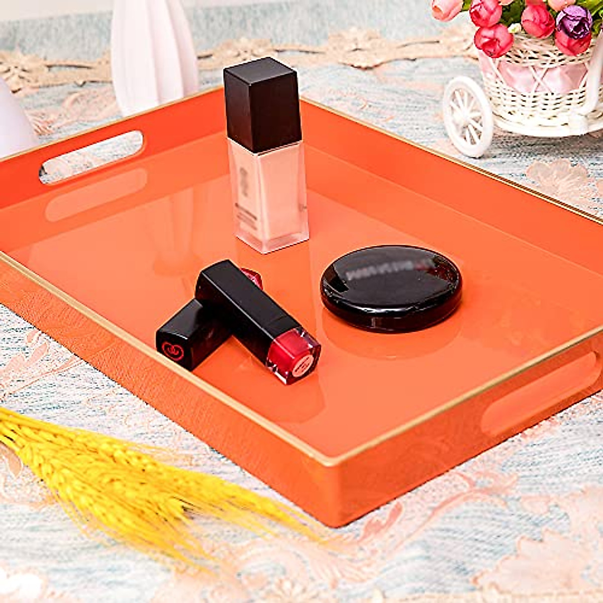 MAONAME Orange Serving Tray with Handles, Modern Decorative Tray for Coffee Table, Plastic Rectangular Tray for Ottoman, Bathroom, Halloween Decor, 15.75” x 10.2” x1.57