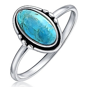Western Boho Delicate Bezel Set Oval Cabochon Gemstone Blue Turquoise Ring For Women Teen 1MM Thin Band Oxidized .925 Sterling Silver