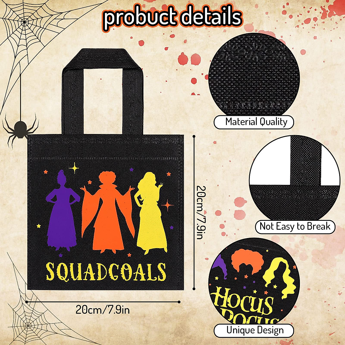 Whaline 24 Pack Halloween Non-Woven Bags Reusable Hocus Pocus Witch Theme Tote Gift Bag Trick or Treat Party Favor Bag Candy Goodie Bag with Handle for Kids Teens Birthday Supplies, 4 Design