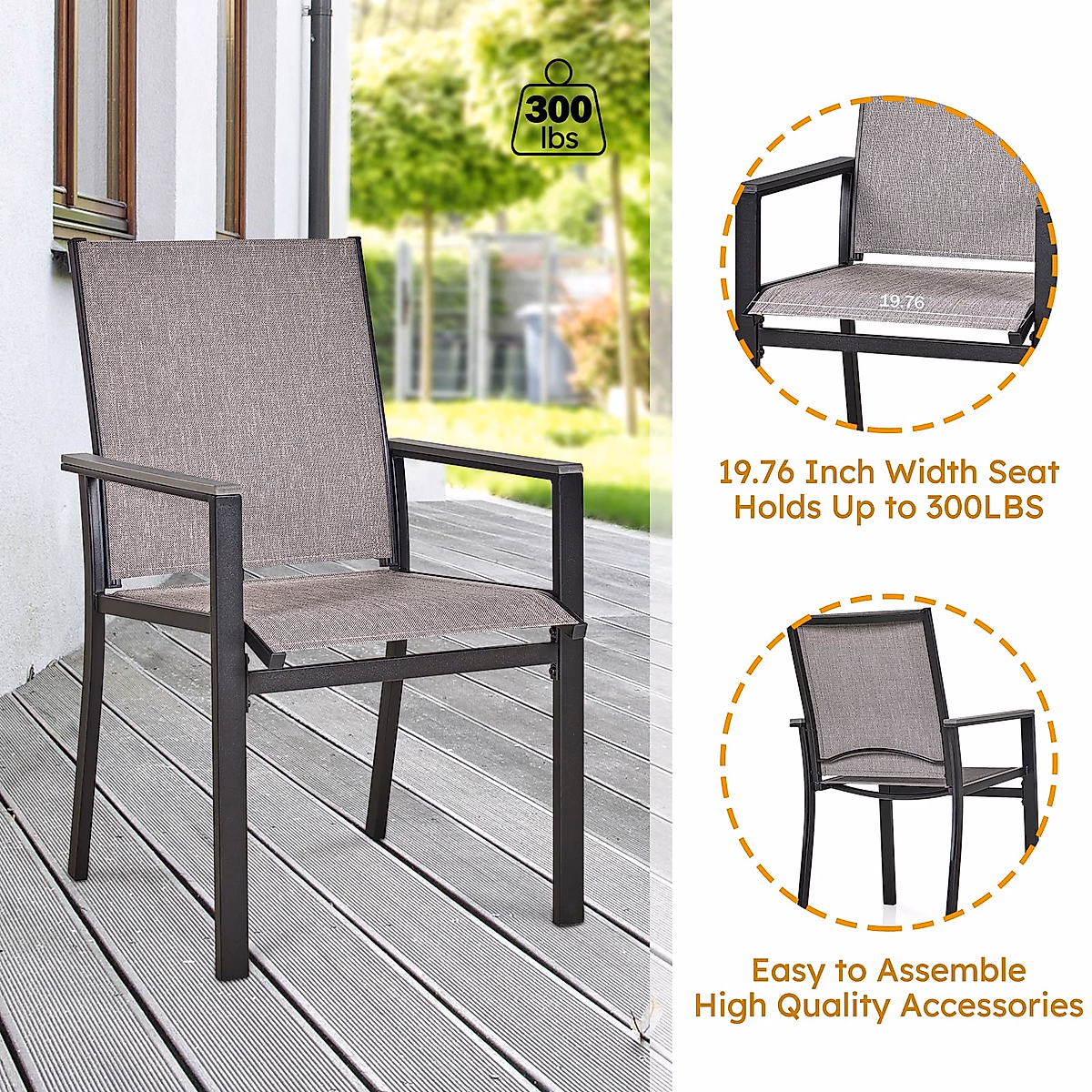 bigget 5-Piece Patio Outdoor Dining Set of 4 Chairs Textilene Breathable Fabric& Wrought Iron Desk Square Metal Table w/ 1.57" Umbrella Hole Furniture Set for Garden Yard Porch Deck Bistro