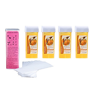 Roll on Wax, Hair Removal Wax Kit, 4pcs Honey Roll on Wax & 100 Non-Woven Wax Strips, Hair Removal Wax Cartridge, Depilatory Wax Roller Refill, Hair Removal Wax Roller for Body Waxing, Leg and Arms