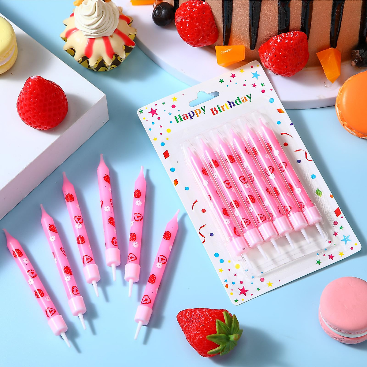 Threlaco 12 Pcs Strawberry Birthday Candle Berry Shortcake Cake Topper Pink Fruits Theme Birthday Candle Decorations for Baby Shower Birthday Gifts Celebration Reunions Anniversary Party Supplies