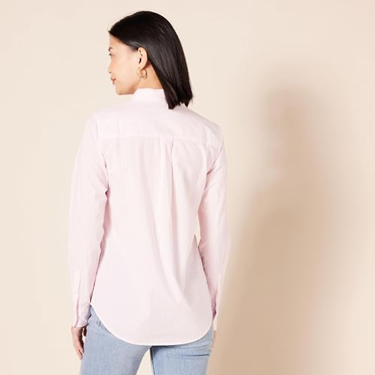 Amazon Essentials Women's Classic-Fit Long-Sleeve Button-Down Poplin Shirt, Pink Stripe, Large