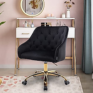 SSLine Elegant Velvet Desk Chair for Girls Women Modern Swivel Office Computer Chair on Wheels Cute Vanity Chair Leisure Chair w/Arm for Home Study Living Room (A Type-Black&Gold)