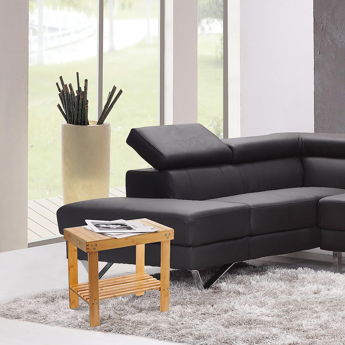 VaeFae Bamboo Spa Bench Wood Seat Stool Foot Rest Shaving Stool with Non-Slip Feets Storage Shelf for Shampoo Towel,Works in Bathroom/ Living Room/ Bedroom/Garden Leisure