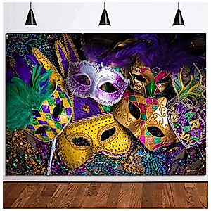 Masquerade Backdrops Purple Gold Glitter Beads Mask Carnival Photography Backdrop Fiesta Mardi Gras Dance Photo Background Birthday Party Photo Booths Props Decorations Supplies Vinyl 8x6ft