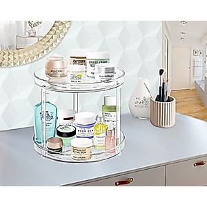 2 Tier Lazy Susan Bathroom Organizer Countertop,10.6inch Perfume Tray Makeup Skincare Organizers, Lazy Susan Turntable for Cabinet, Bathroom, Medicine Cabinet Organizer Spice Rack Organizer -Clear