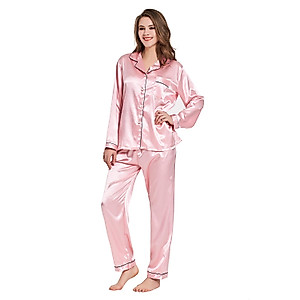 Ladieshow Silk Pjs for Women Set,Long Sleeve Button Down Sleepwear Pjs Set Loungewear Pink