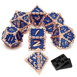Ouyide Metal dice, DND dice Set, Dragon Skin Scale Iron Chain, Suitable for Role-Playing Dungeons and Dragons dice Set Game（Rose Gold Rim + Blue）