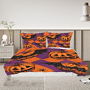 Pumpkin Face Duvet Cover Full Size 3D Printed Pumpkin Full Duvet Cover Set Bats Spider Scary Face Carved on Pumpkin Bedding Set Bedroom Decor All Season 3 Pcs Comforter Cover with 2 Pillowcases