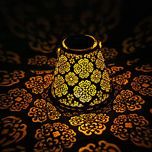 Outdoor Lanterns, Moyisea Hanging Solar Lantern Lights with Rattan Handle and Metal Hollow-Out Flower Lace, Waterproof Decorative Lantern for Patio, Porch, Garden and Tabletop, Bronze