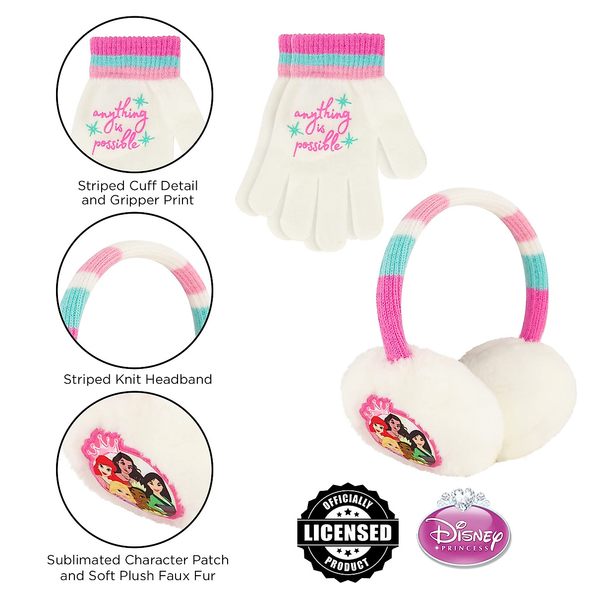 Disney Girls' Winter Earmuffs and Kids Gloves Set, Princess for Ages, Age 4-7