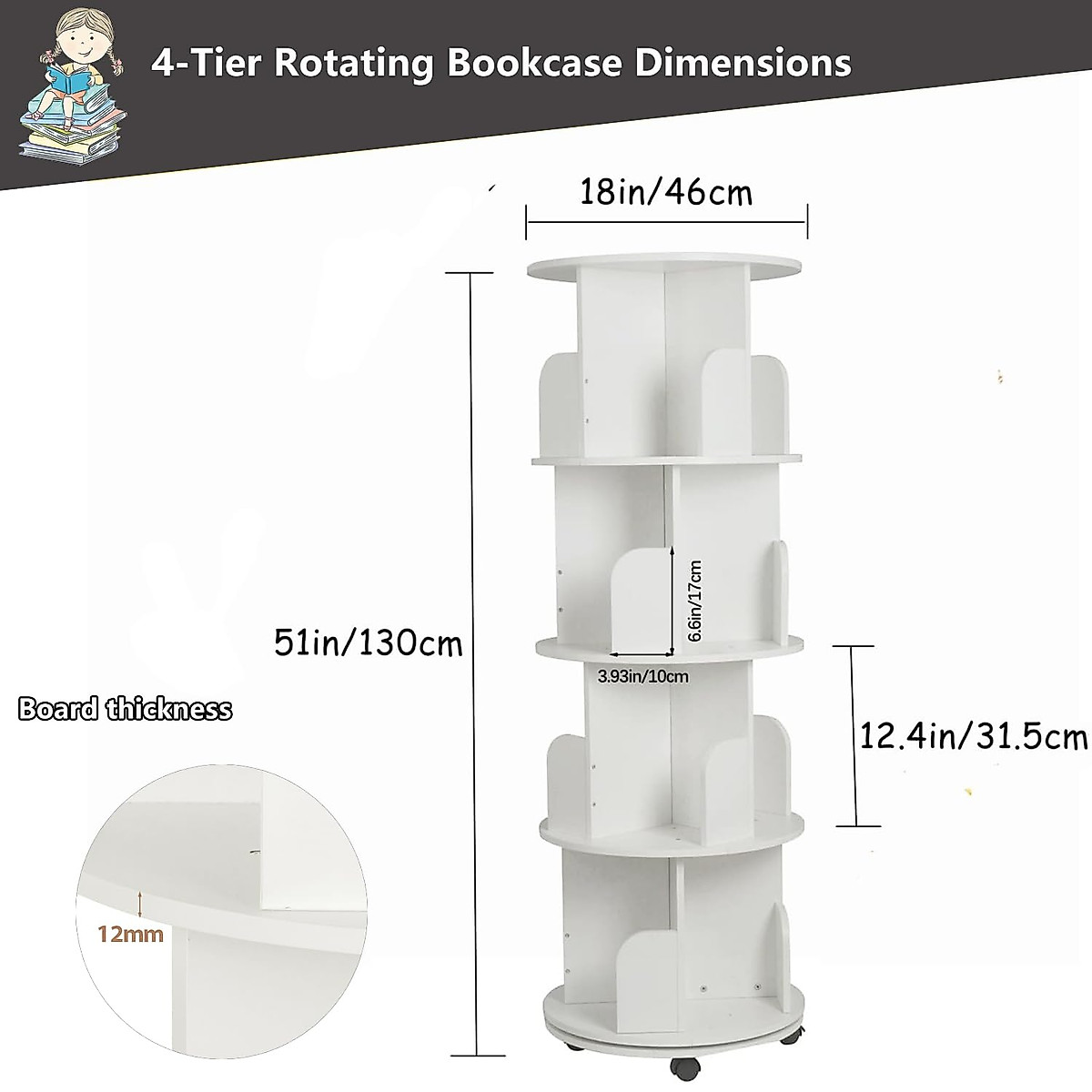 usego 4 Tier Rotating Bookshelf with Wheel Wood 360° Floor Standing Bookcase Display Storage Rack Multi-Functional Bookshelf Organizer for Home Office Living Room Study