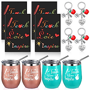Panitay 12 Pcs Teacher Appreciation Christmas Gifts in Bulk for Women, Teach Love Inspire Tumbler Set 12oz Wine Cup with Mini Journal Notepads Keychains Thank You Gifts Valentine's Day Gifts Set