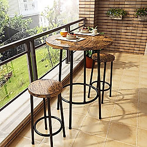 Recaceik 3 Piece Pub Dining Set, Modern Round bar Table and Stools for 2 Kitchen Counter Height Wood Top Bistro Easy Assemble for Breakfast Nook Living Room Small Space Restaurant, Rustic Brown 23