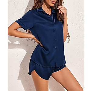Ekouaer Womens Short Pajama Sets Satin Silk Loungewear 2 Piece Summer Soft Pjs Navy Blue Medium