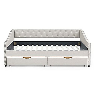 YUNLife Full Size Upholstered Daybed with Two Storage Drawers,Full Polyester Sofa Bed Storage Daybed Frame with Button on Back and Copper Nail on Waved Shape Arms for Bedroom Guest Room
