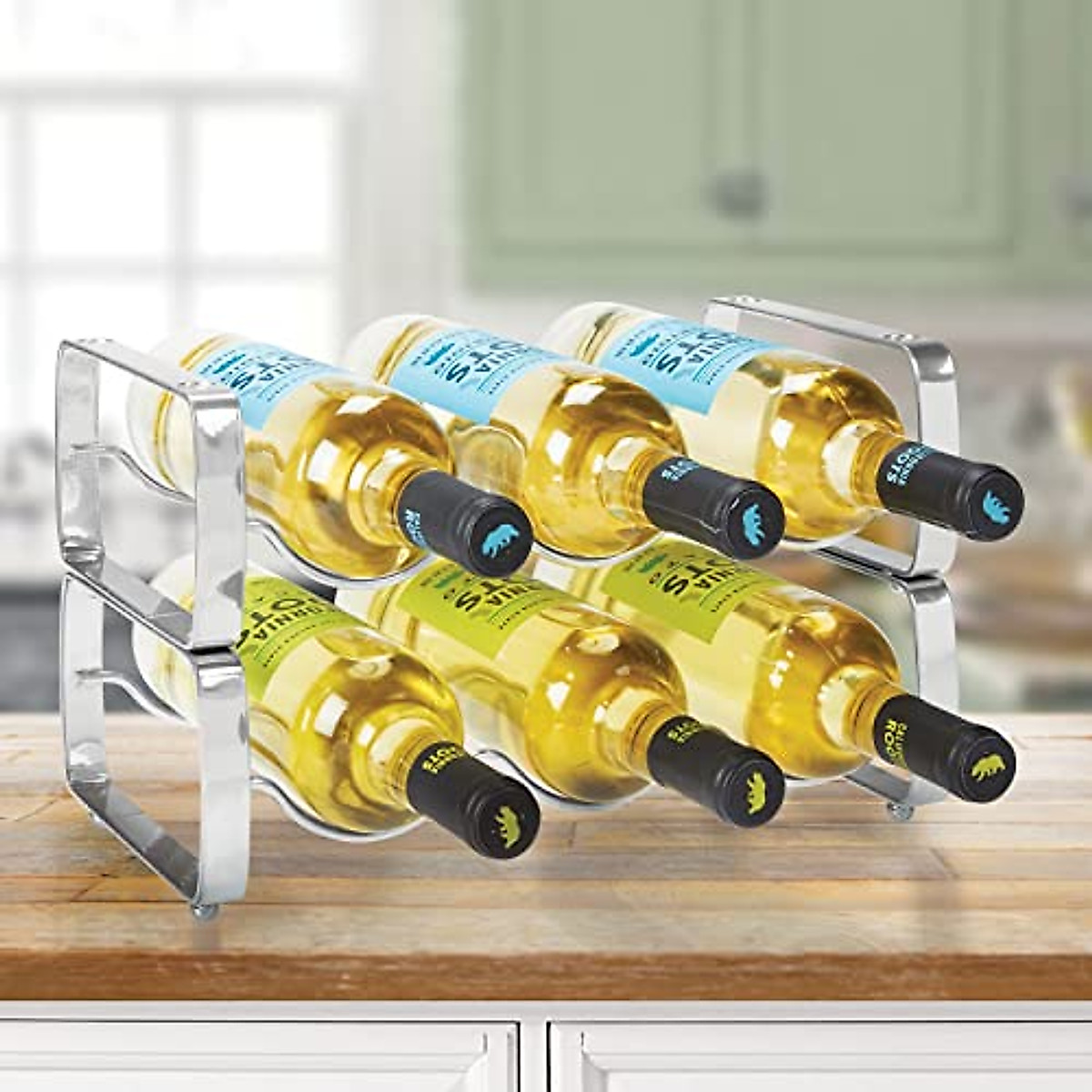 mDesign Metal Steel Free-Standing 3 Bottle Modular Wine Rack Storage Organizer for Kitchen Countertop, Table Top, Pantry, Fridge - Holder for Wine, Beer, Pop/Soda, Water, Stackable - 4 Pack - Chrome