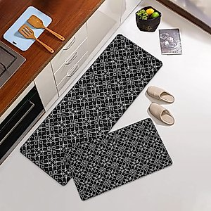 Artnice Anti Fatigue Kitchen Mat 2 Piece, White Floral Trellis Black Kitchen Rugs, Memory Foam Kitchen Floor Mats for Work Place Kitchen Hallway Bedroom Living Room