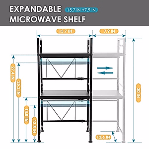 DOLALIKE Microwave Oven Rack, Expandable Microwave Stand Countertop Kitchen Utensils Tableware Storage, Carbon Steel Over Microwave Shelf Countertop 3 Tier with 3 Hooks