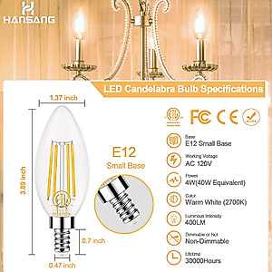 hansang E12 LED Candelabra Bulb 2700K Warm White, 40W Equivalent Type B Light Bulbs, 4W Candle Shape B11 LED Bulb for Chandelier, LED Filament with Clear Glass, 120V, 400LM, 6 Pack, Non-dimmable
