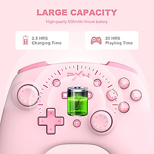 PXN 9607X Wireless Switch Pro Controller, Dual Shock Gamepad Joystick Support NFC, Turbo, Wake-up, Gyro Axis, Vibration Hall Effect Joysticks for Switch/Lite/OLED & PC & iOS (Pink)