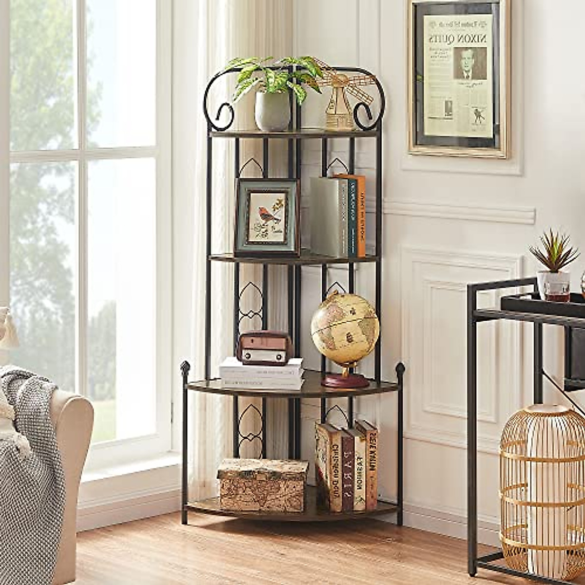 VECELO 4-Tier Ladder Corner Shelf with Metal Frame, Multipurpose Bookshelf Bookcase, Plant Stand & Storage Display Shelves for Living Room, Bedroom, Office, Rustic Brown