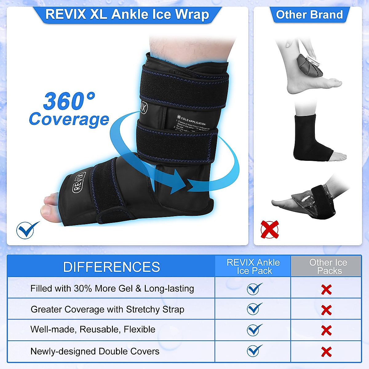 REVIX XL Ankle Ice Pack Wrap for Swelling and Cold Pack Foot Pain Relief, Heel Ice Pack for Injuries Reusable Gel, Ankle Ice Wrap for Plantar Fasciitis, Achilles Tendonitis, Sprained Ankles, Black