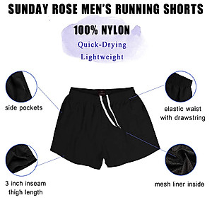 SUNDAY ROSE Men's Running Shorts 3 Inch Quick Dry Gym Athletic Workout Shorts with Pockets,Mesh Liner-Black,Large