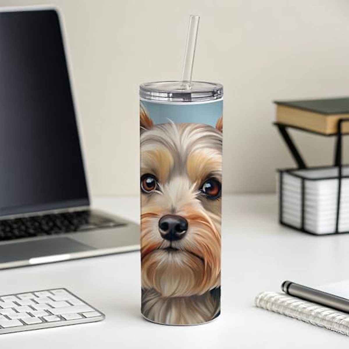 Morkie Dog Illustration Skinny Tumbler 20oz with Straw Insulated Water Bottle Gift