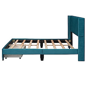 OTRIEK Queen Size Velvet Upholstered Platform Bed Frames with Large Storage Drawer, Mid-Century Modern Royal Platform Bed with Headboard, Sturdy Wood Slat Support for Bedroom Boys Girls (Blue)