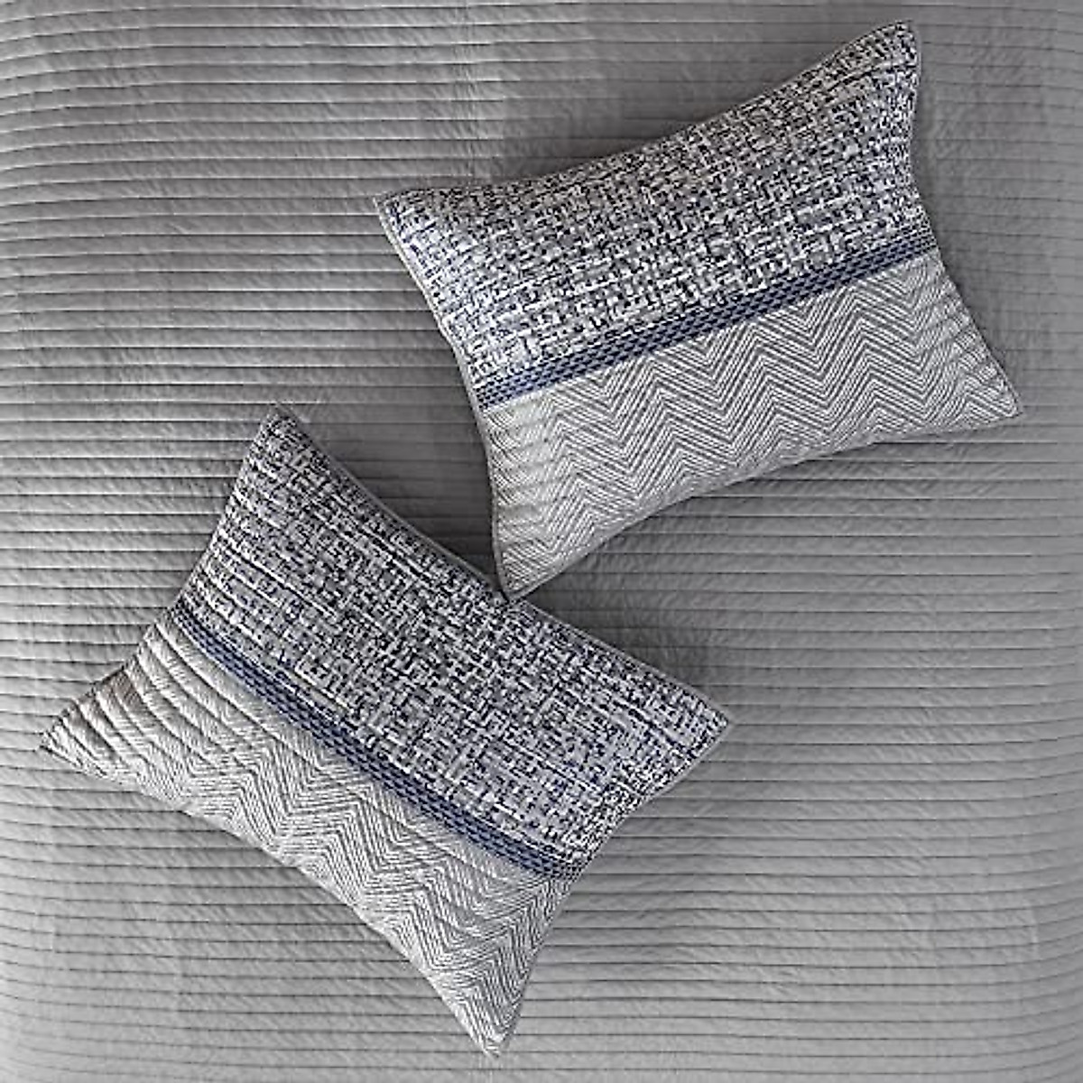 Madison Park King Quilt Set Lustrous Jacquard & Glitter Accent Coverlet Set for King Size Bed - All Season, Lightweight King Quilt Set, Shams, Decorative Pillow, King/Cal King Chevron Grey/Navy