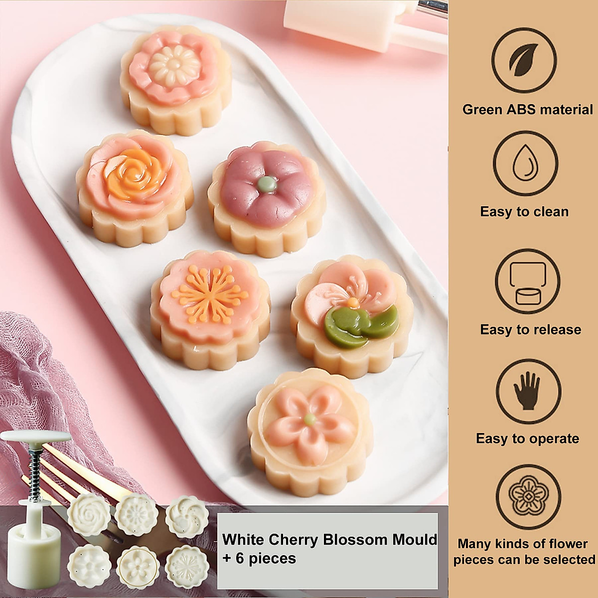 LIUDHPSP Moon Cake Mould Set,Includes 12 pcs Flower pattern base and 2 Pieces Bath Bombs Press,Mid Autumn Festival DIY Hand Press Cookie Stamps Pastry Tool Moon Cake Maker(50g) White (Sakura)