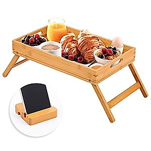 Greenual Bed Tray Table with Folding Legs for Eating Serving Tray with Handles Bamboo Breakfast Food Table Comes with Phone Holder Portable Snack Platter for Bedroom Hospital Picnic