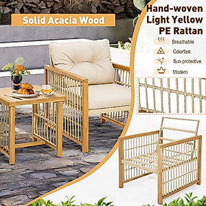 Tangkula 3 Pieces Acacia Wood Patio Furniture Set, PE Wicker Bistro Set with Cushioned Chairs and Coffee Table, Outdoor Conversation Set for Porch, Deck, Balcony, Backyard (Beige)