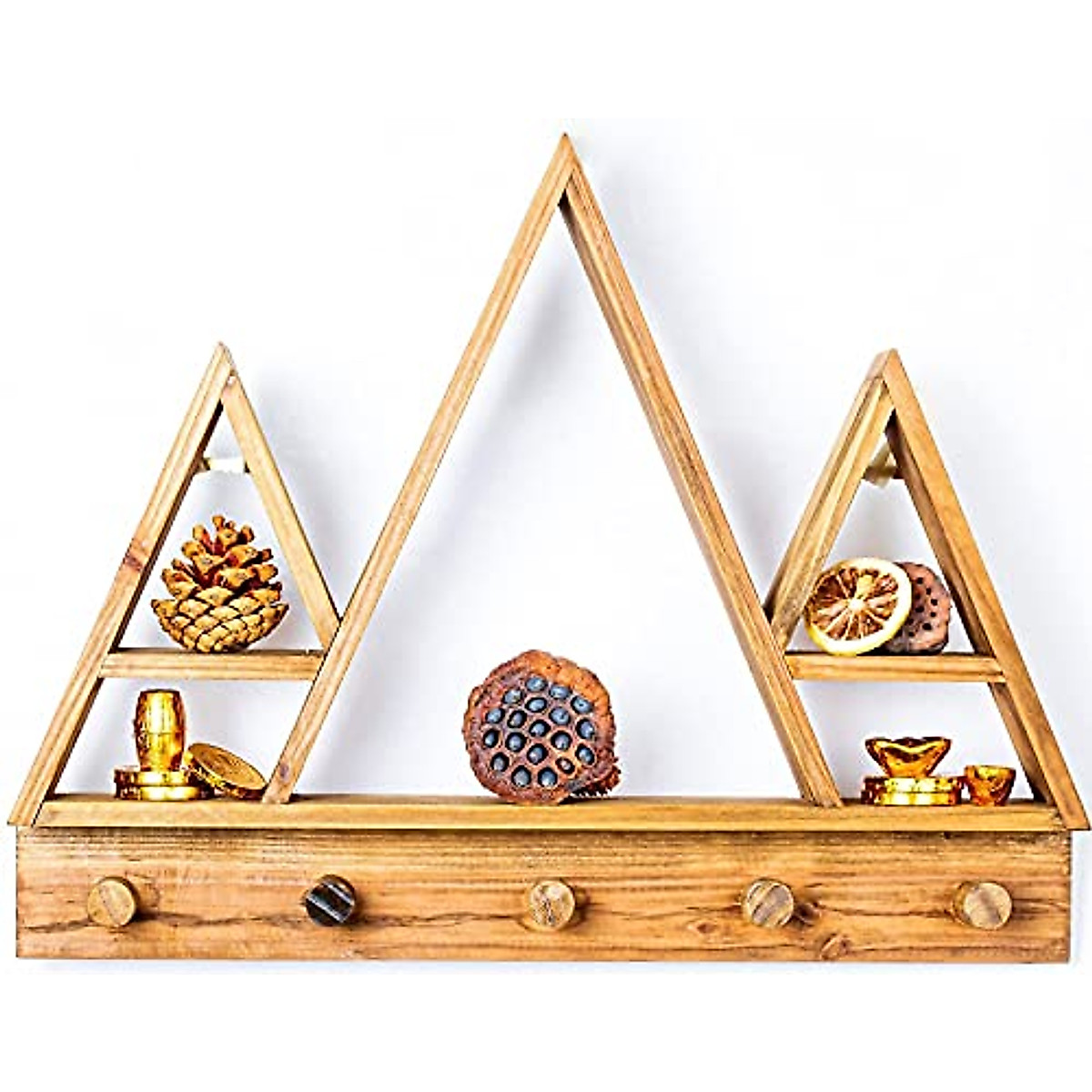Mountain Shelf with Hooks – Triangle Shelves for Boho Crystal Shelf Display, Essential Oil Holder Organizer, Rustic Wooden Décor for Bedroom, Bathroom, Living Room, Nursery & Entryway