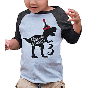 7 ate 9 Apparel Three 3rd Third 3 Birthday Dino Dinosaur Grey Baseball Shirt 3T