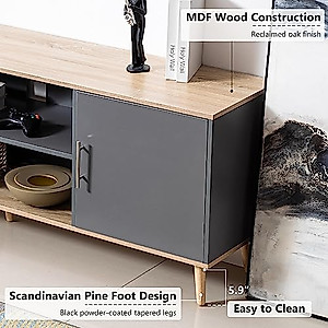 AUXSOUL Mid Century Modern TV Stand for 75 Inch TV, 70 Inch TV Stand with Storage, Entertainment Center for Living Room Bedroom, TV Media Console, Grey & Oak