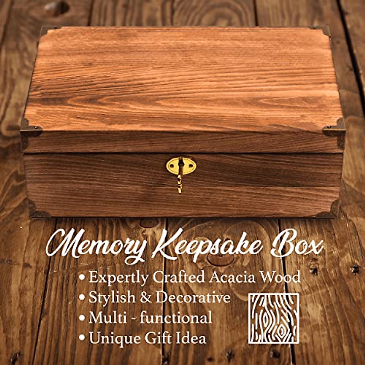 Burned Storage Keepsake Box with key locking - Wooden Storage Box with Chamois Leather Lining - Large Gift Box with Hinged Lid - Wood Decorative Storage Box with Lid (Burned)