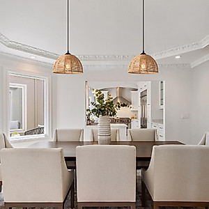 Gudicati Hand Woven Rattan Pendant Light Fixture Vintage Farmhouse 9.84" Bamboo Dome Pendant Lights Modern Retro Boho Wicker Basket Pendant Lighting for Kitchen Island, Bedroom, Dining Room, 2-Pack